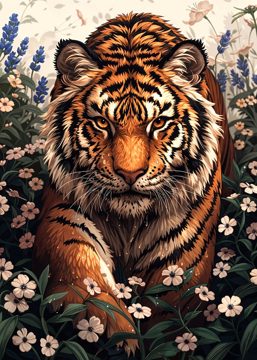 'Tiger in Flowers' Poster, picture, metal print, paint by SuperNova ...