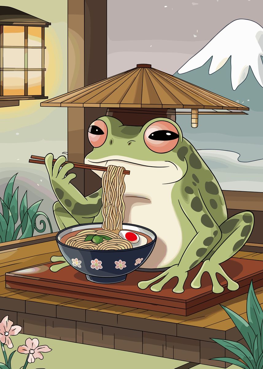 'Frog Eating Ramen' Poster, picture, metal print, paint by Lawisi Agustin | Displate
