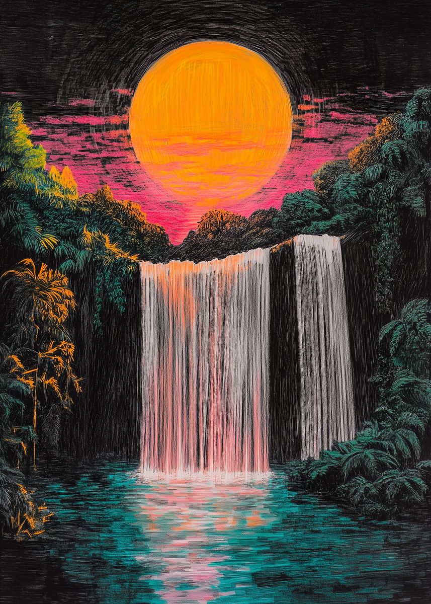 'Sunset Waterfall Crayons Scratch ' Poster, picture, metal print, paint ...