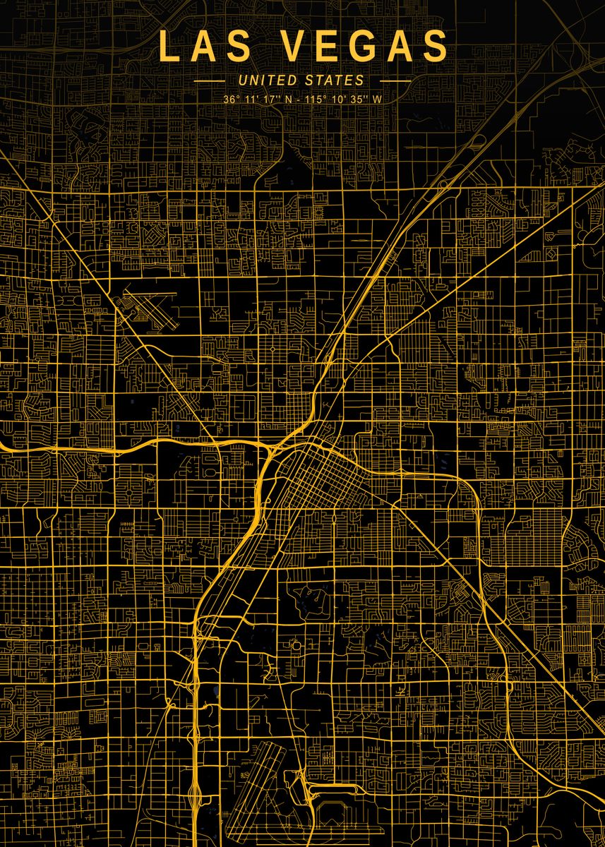 'Las Vegas Golden City Map' Poster, picture, metal print, paint by ...