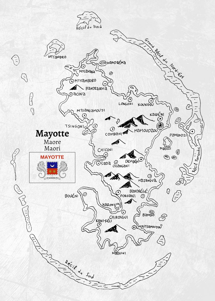 'Handdrawn Map of Mayotte' Poster, picture, metal print, paint by ...