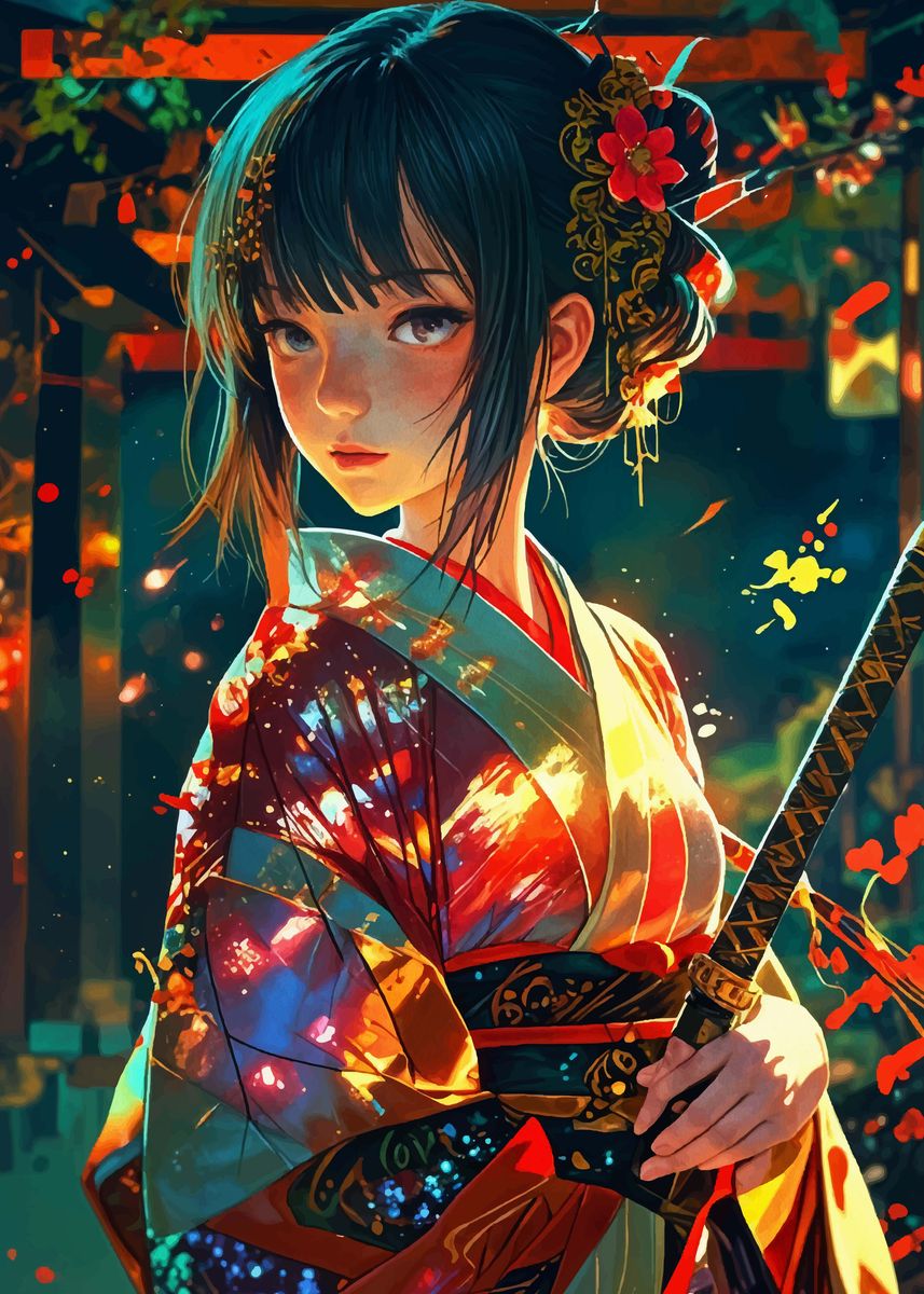 'Anime Girl Geisha Samurai Japan' Poster, picture, metal print, paint ...