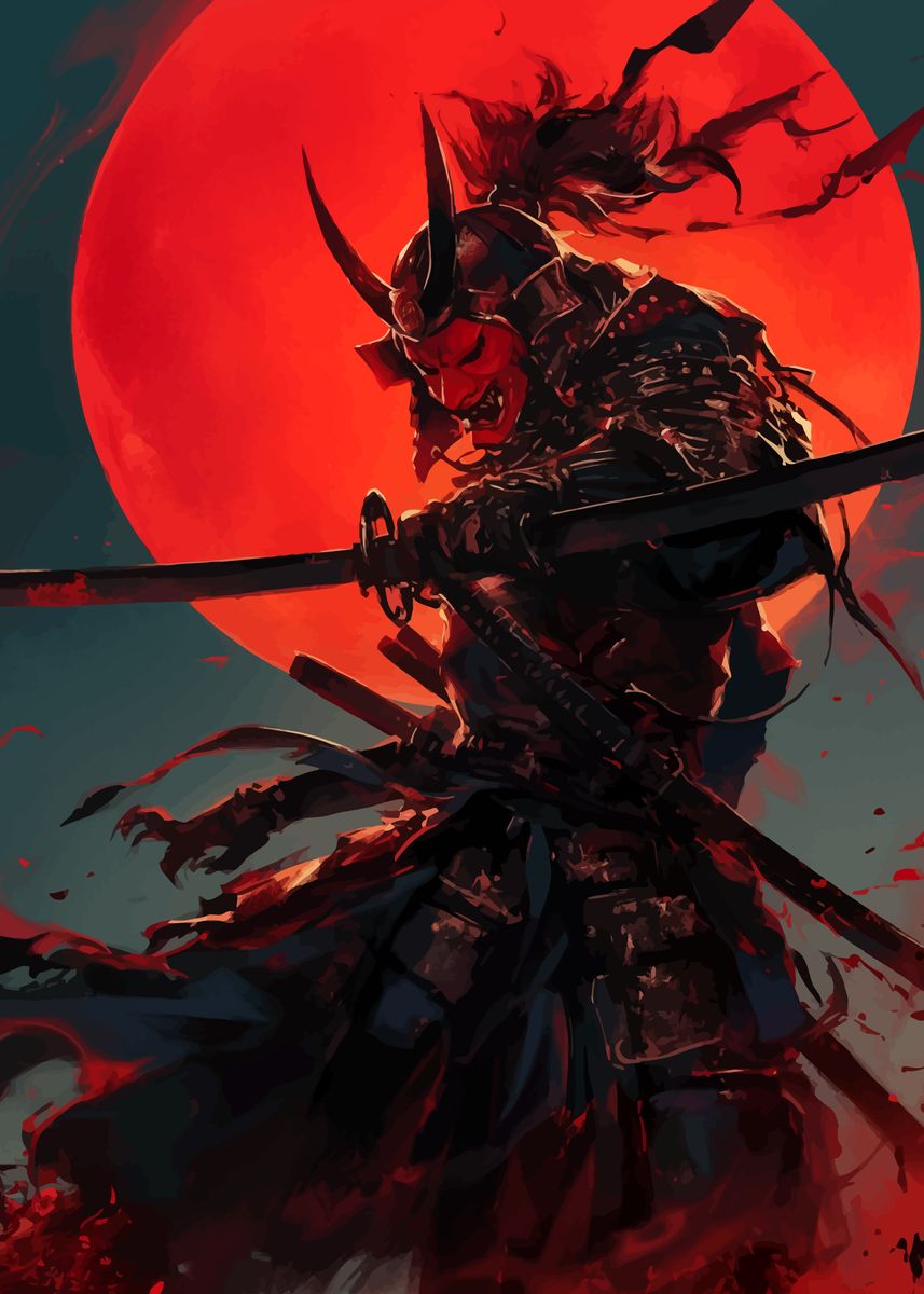 'Samurai with Red Moon' Poster, picture, metal print, paint by MIROKU ...