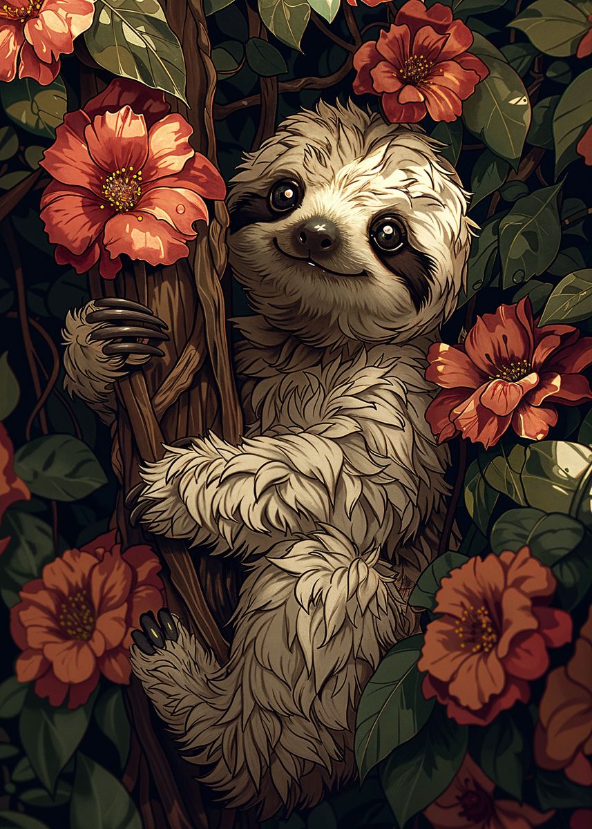 'Smiling Sloth in Flowers' Poster, picture, metal print, paint by ...