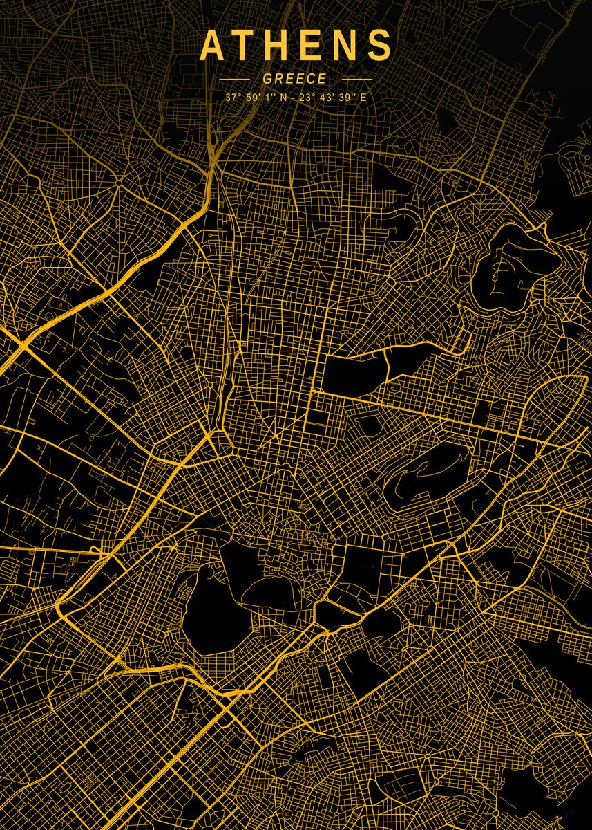 'Athens Golden City Map' Poster, picture, metal print, paint by ...