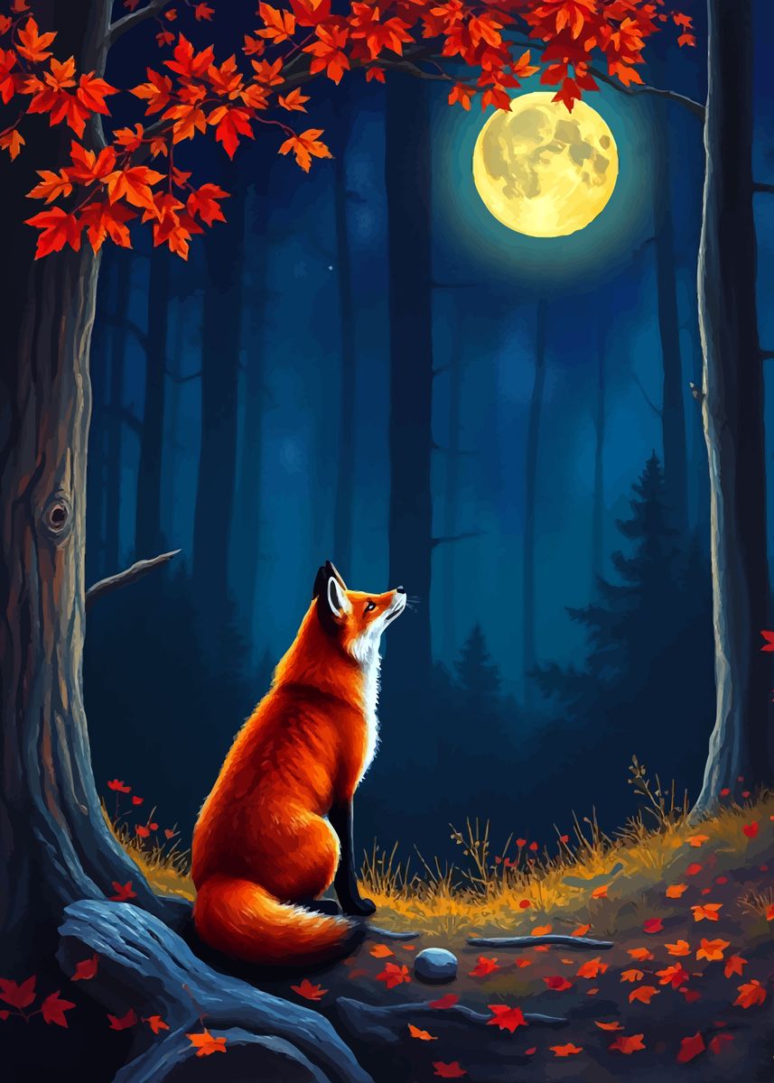 'Fox Under the Full Moon' Poster, picture, metal print, paint by ...