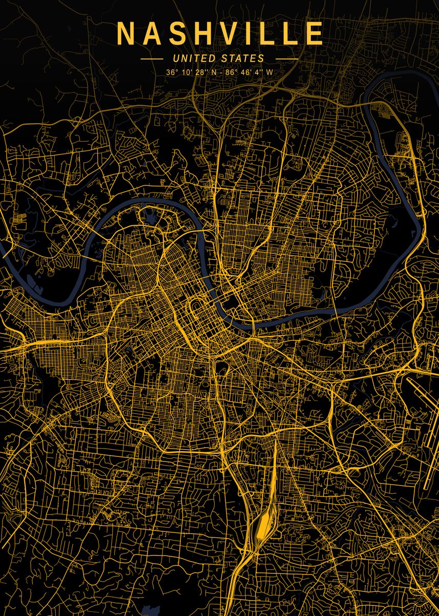 'Nashville Golden City Map' Poster, picture, metal print, paint by ...