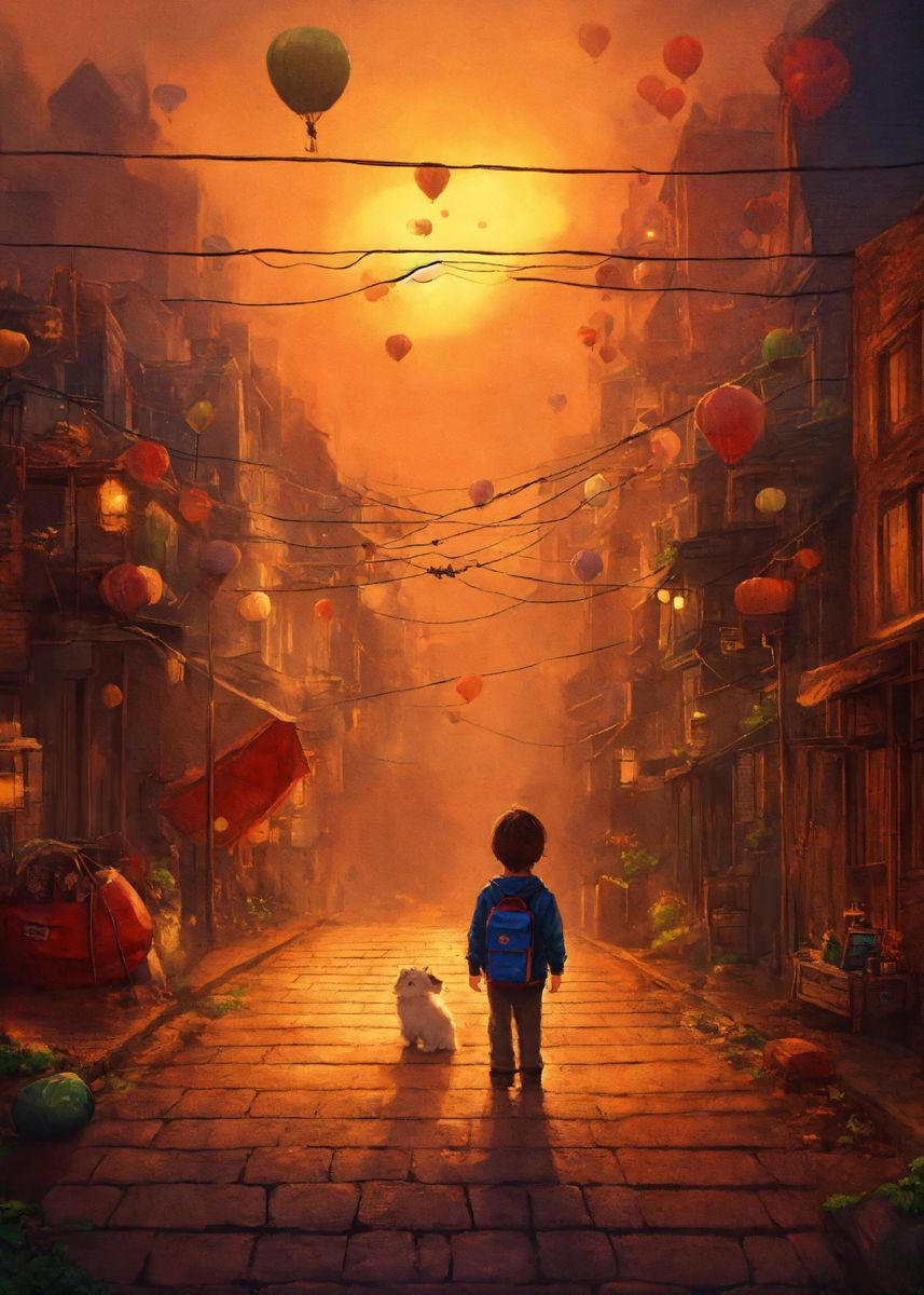 'Boy and Dog at Sunset' Poster, picture, metal print, paint by ...