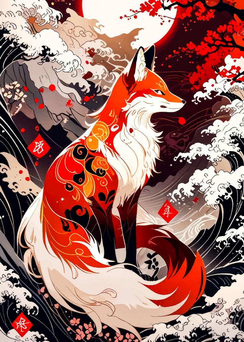 'Kitsune with Red Moon' Poster, picture, metal print, paint by | Displate