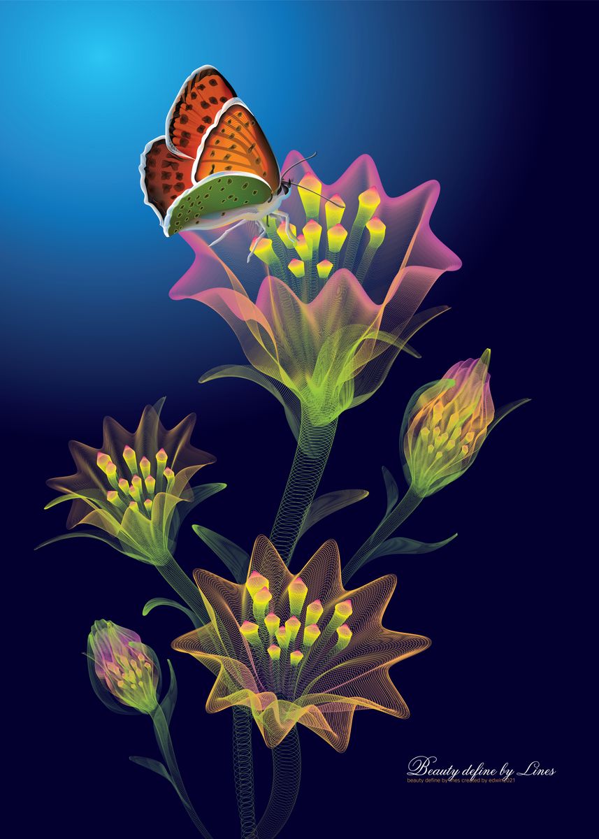 'Wireframe Flowers with Butterfly' Poster, picture, metal print, paint ...