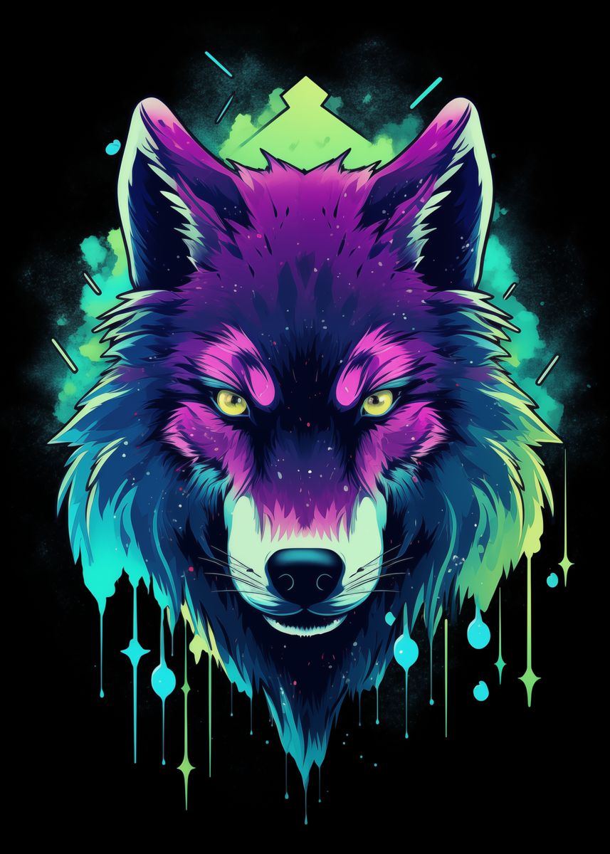 'Neon Wolf Art' Poster, picture, metal print, paint by Hubs | Displate