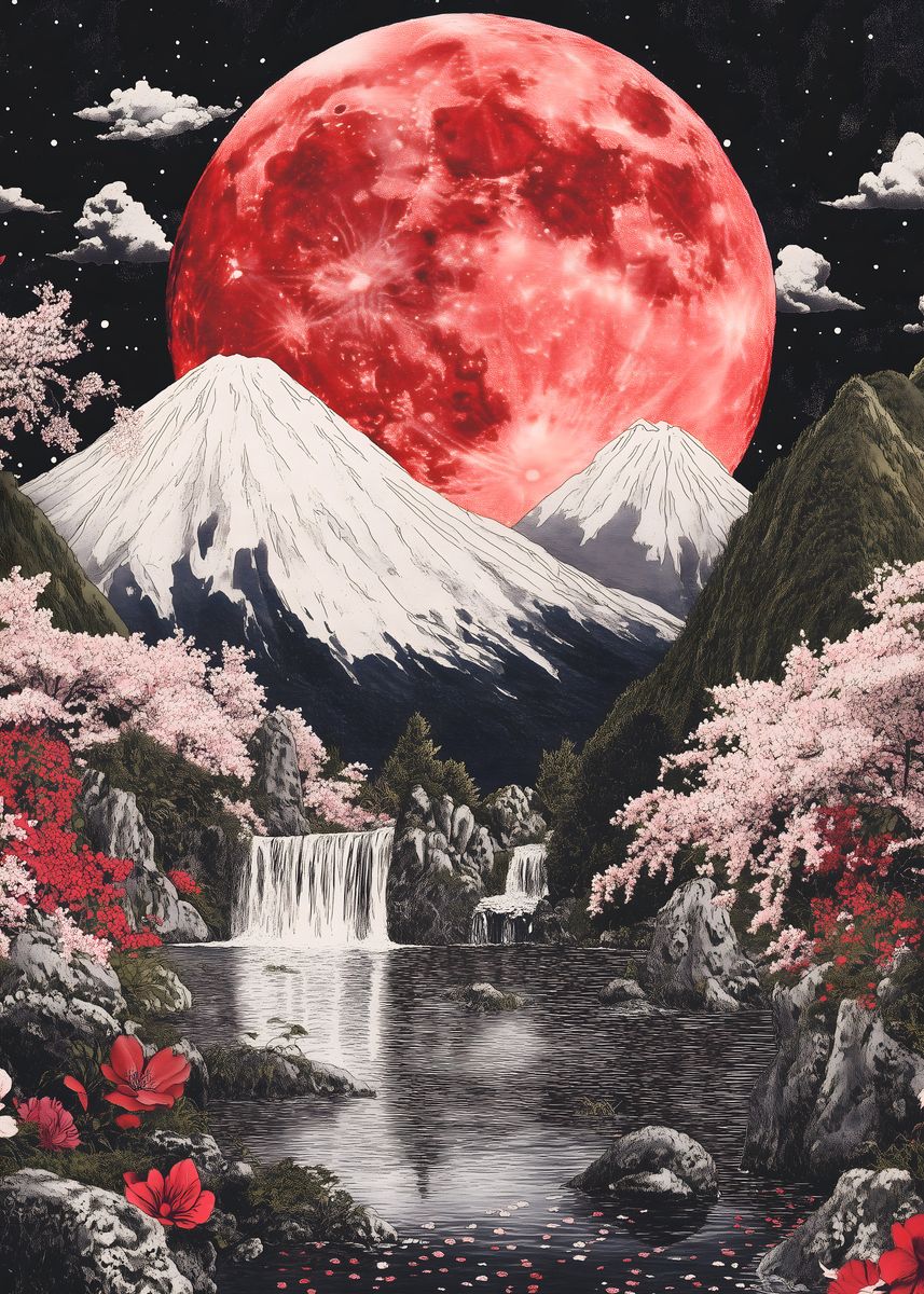 'Red Moon Fuji Mountain ' Poster, picture, metal print, paint by ...