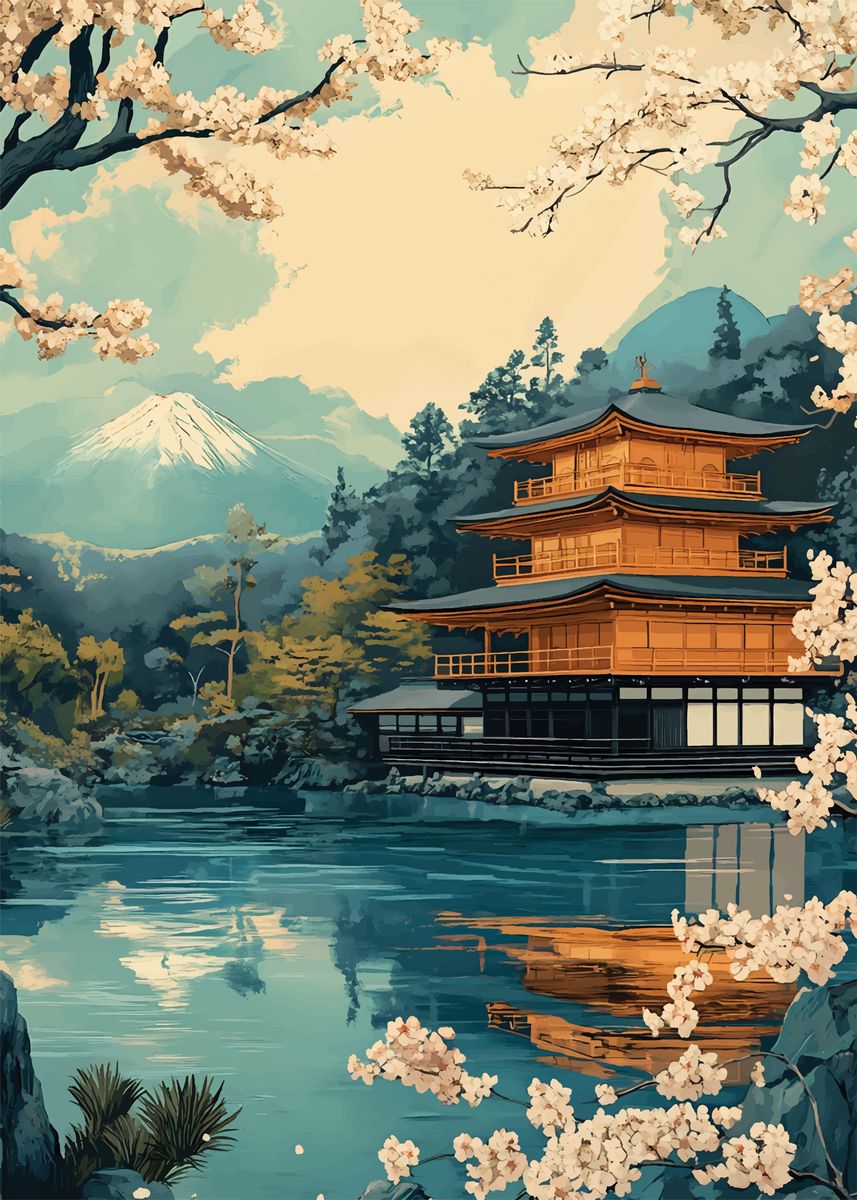 'Golden Pavilion & Mt. Fuji' Poster, picture, metal print, paint by ...