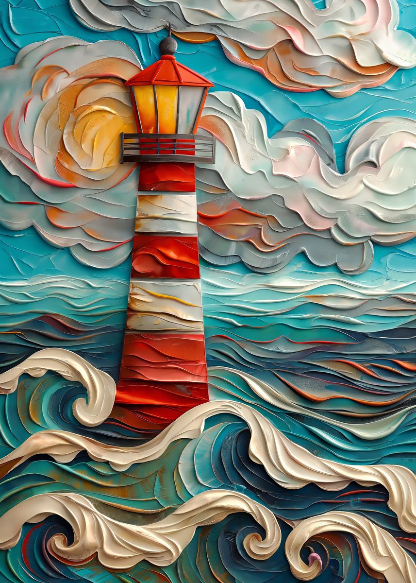 'Lighthouse in Stormy Sea' Poster, picture, metal print, paint by ...