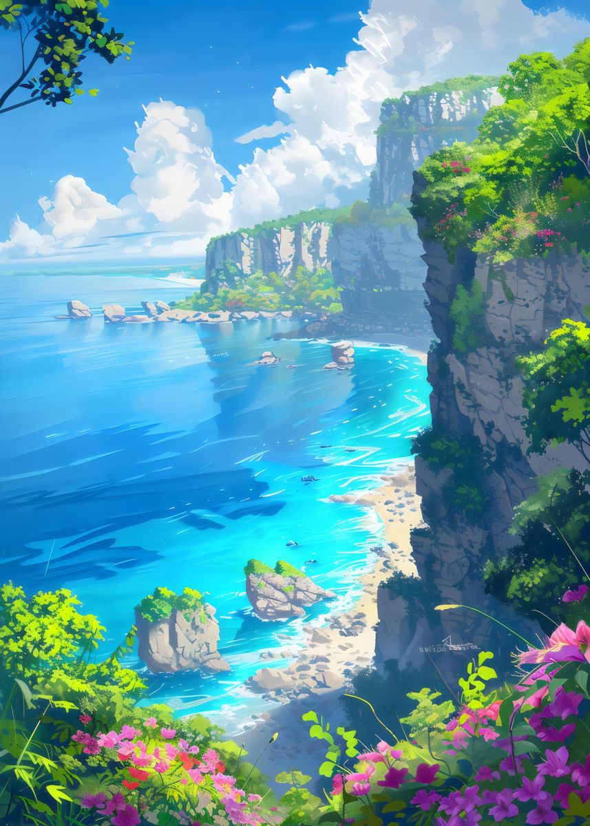 'Coastal Cliffside Paradise' Poster, picture, metal print, paint by ...