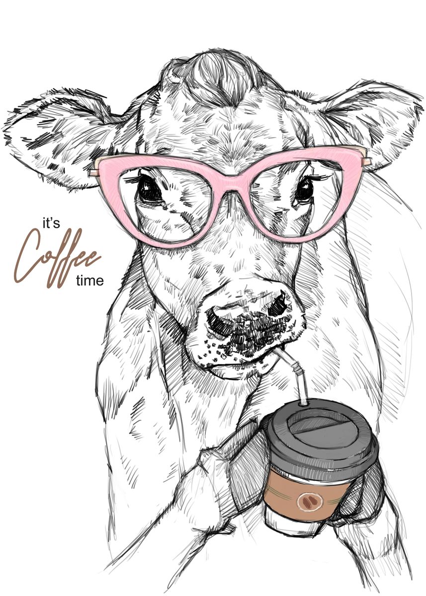 'Cow with Coffee' Poster, picture, metal print, paint by BloomFlorence ...