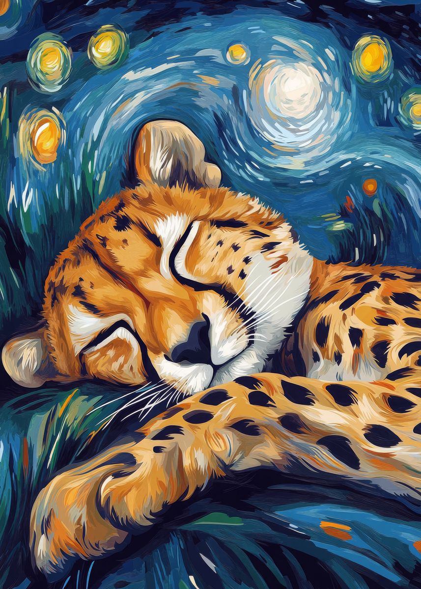'Cheetah Sleeping Under Starry Night' Poster, picture, metal print ...