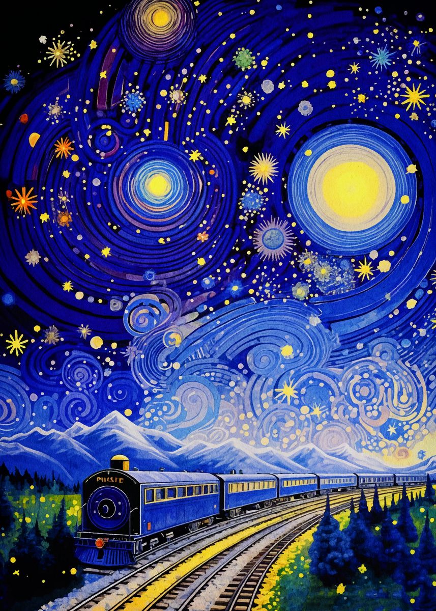 'Starry Night Train' Poster, picture, metal print, paint by Hamzah ...