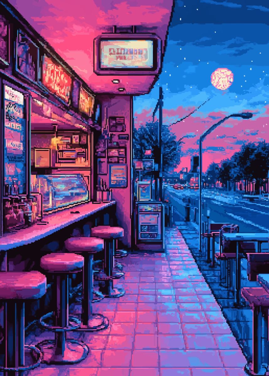 'Pixelated Night Cafe' Poster, picture, metal print, paint by Mild ...