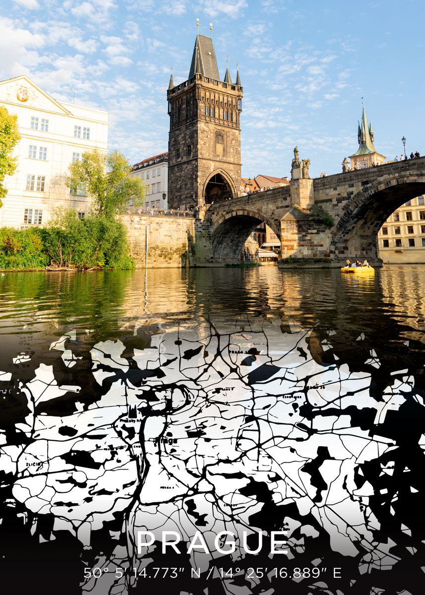 'Prague Bridge & City Map' Poster, picture, metal print, paint by Gianluca Pugliese | Displate