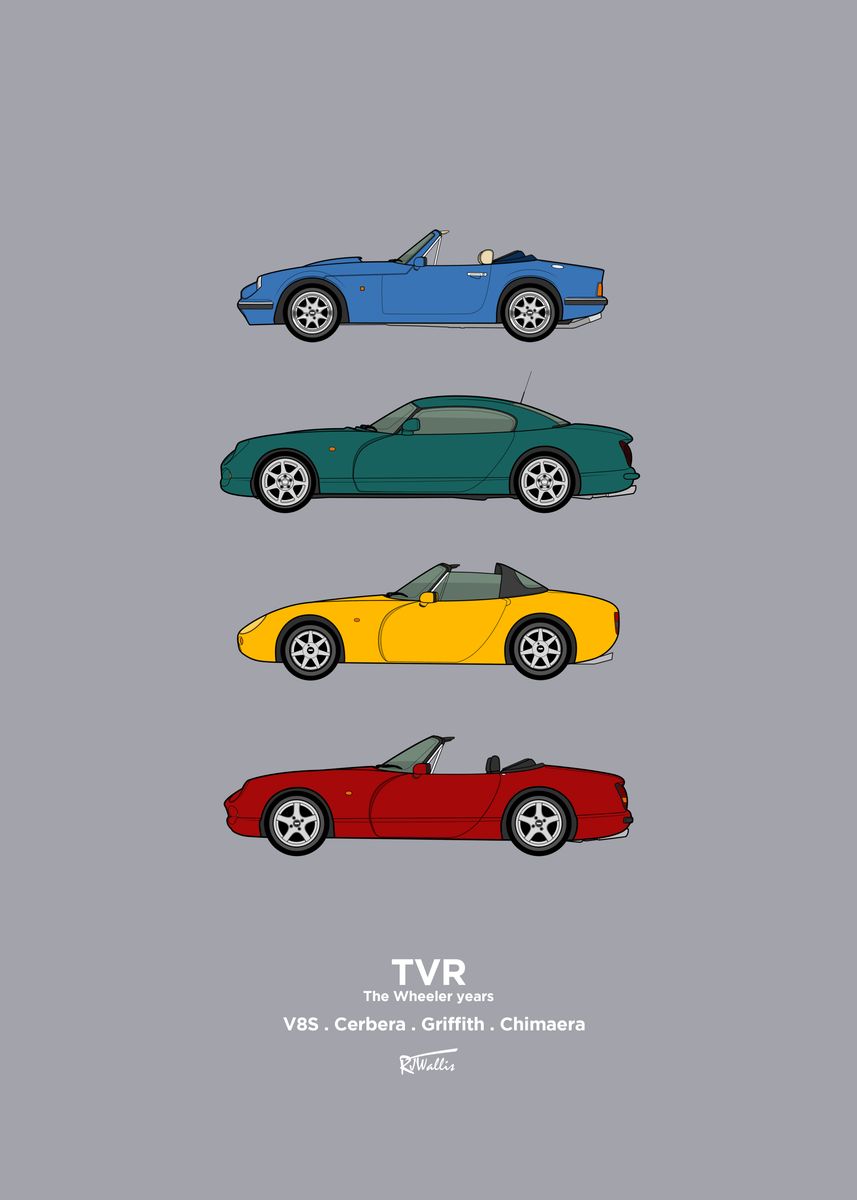 'TVR 90's Sports Car Collection' Poster, picture, metal print, paint by ...