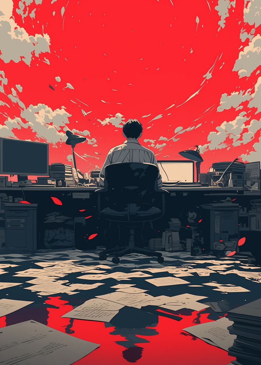 'Man at Desk with Red Sky' Poster, picture, metal print, paint by ...