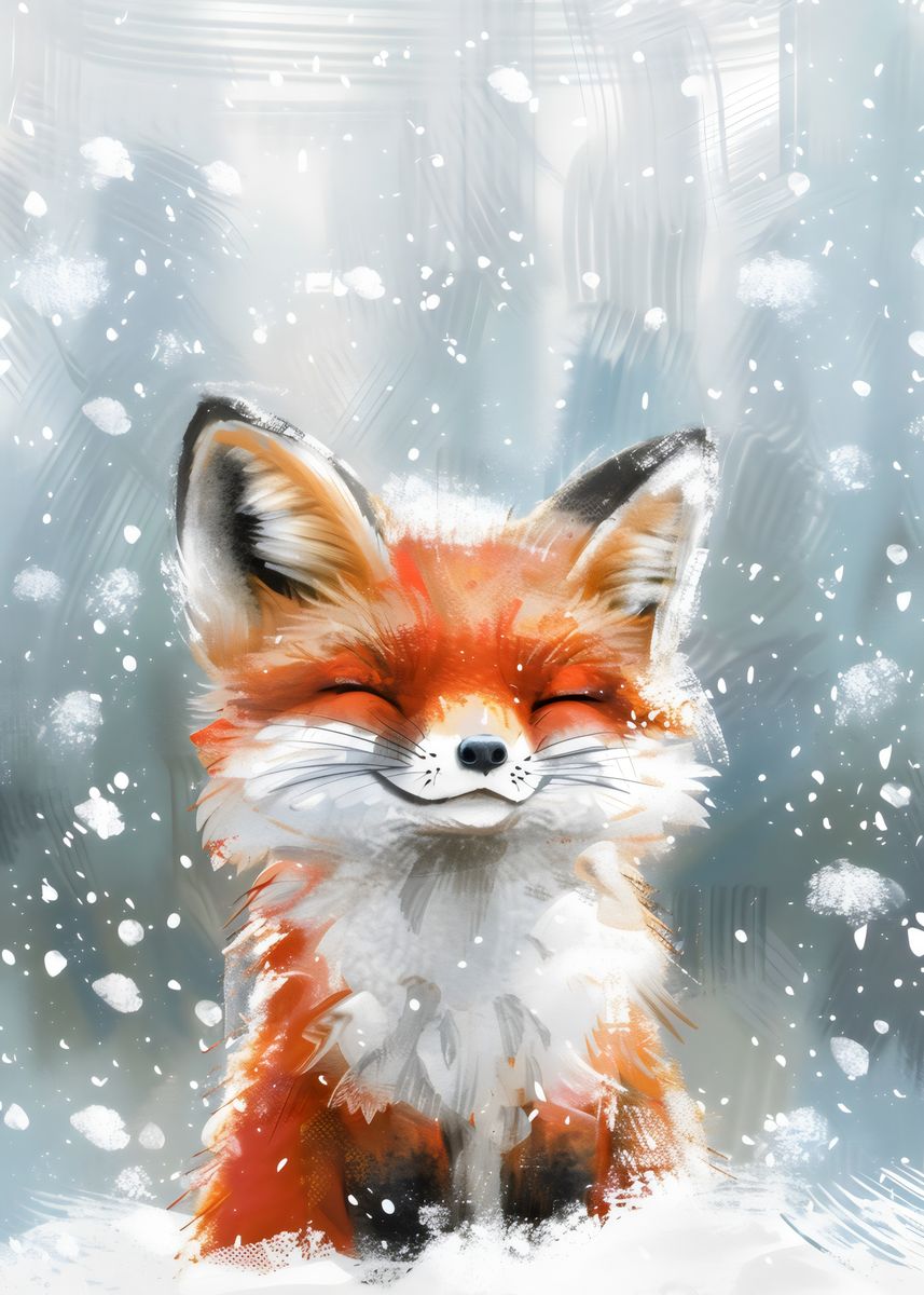 'Smiling Fox in Snow' Poster, picture, metal print, paint by Silvie Art ...