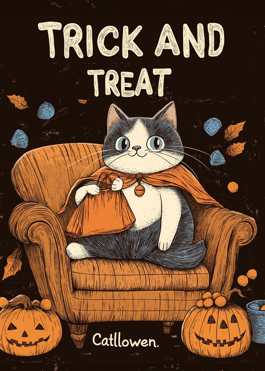 'Halloween Cat Trick or Treat' Poster, picture, metal print, paint by ...