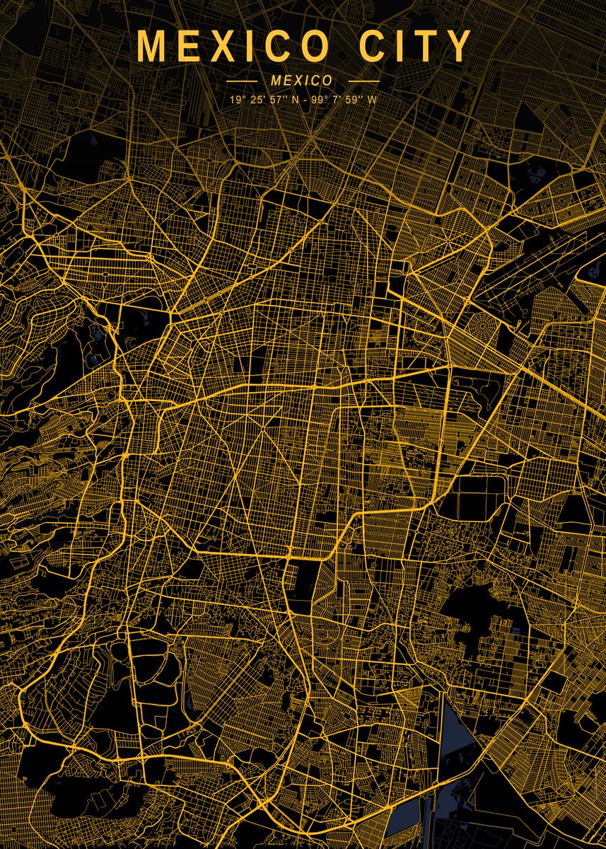 'Mexico Golden City Map' Poster, picture, metal print, paint by ...