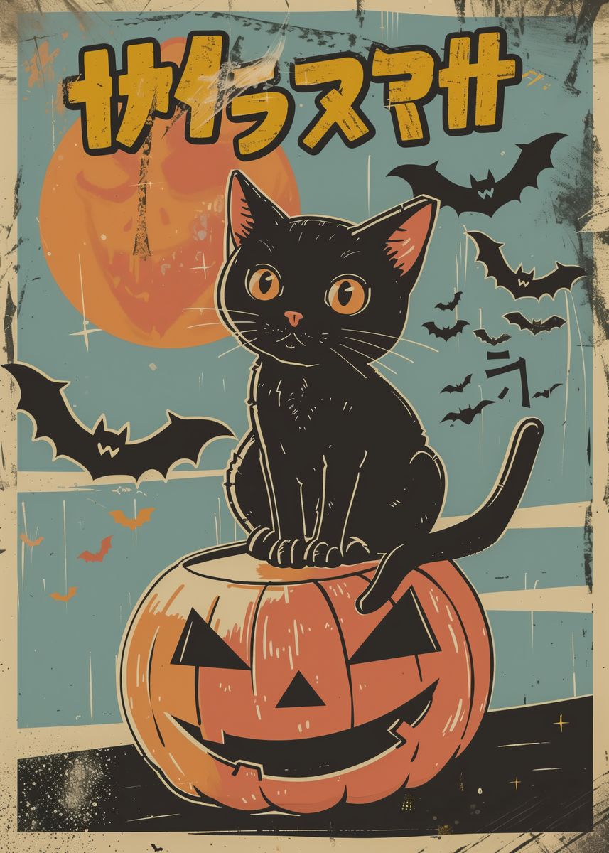 'Halloween Black Cat Pumpkin' Poster, picture, metal print, paint by ...