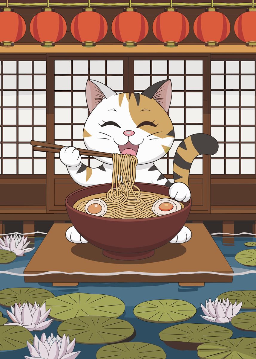 'Cat Eating Ramen' Poster, picture, metal print, paint by Shifa Anisaa ...