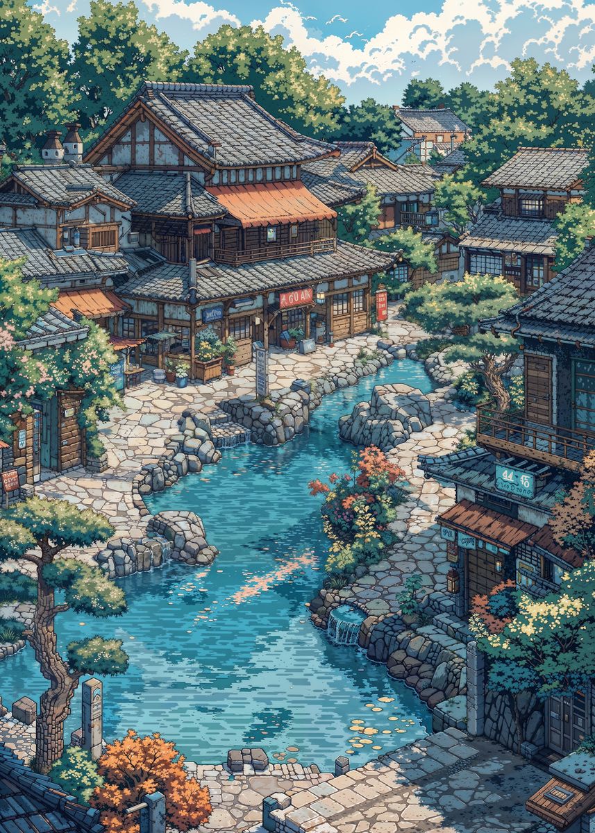 'Japanese Village Anime Scene' Poster, picture, metal print, paint by ...