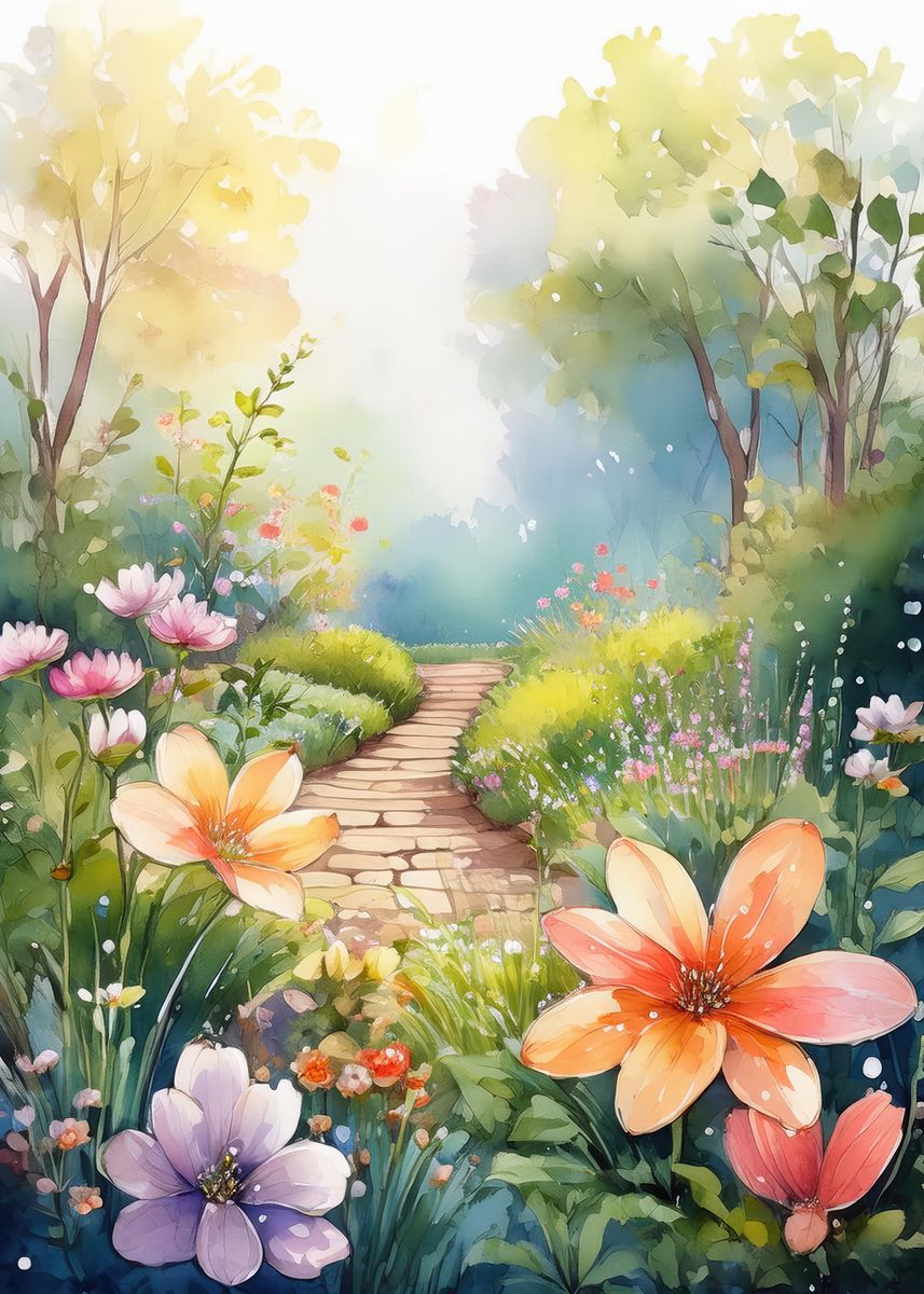 'Watercolor Garden Path' Poster, picture, metal print, paint by ...
