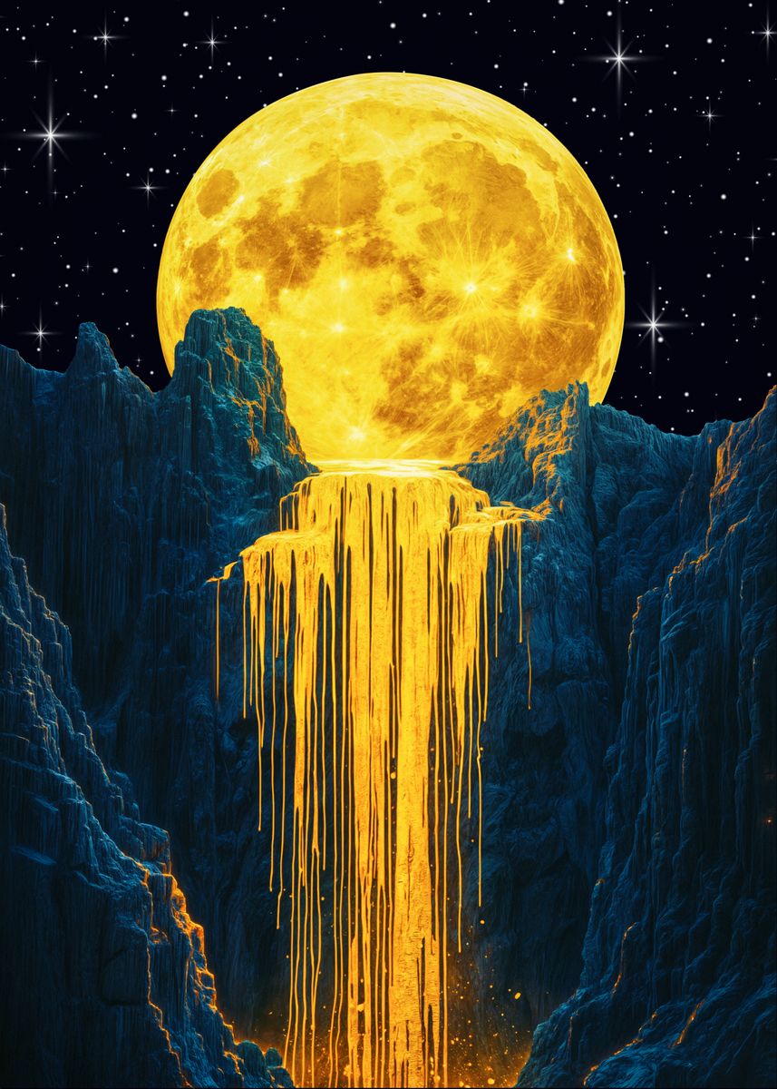 'Golden Moon Waterfall' Poster, picture, metal print, paint by ...