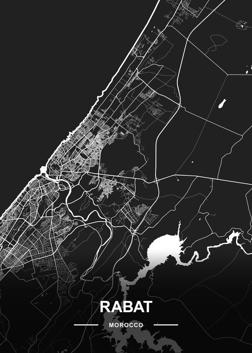 'Rabat City Map Dark' Poster, picture, metal print, paint by Morocco ...