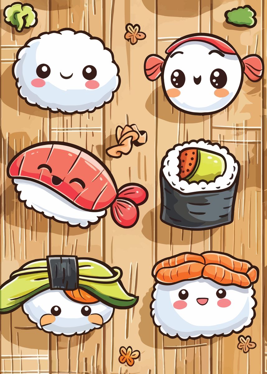 'Cute Sushi Illustration' Poster, picture, metal print, paint by | Displate