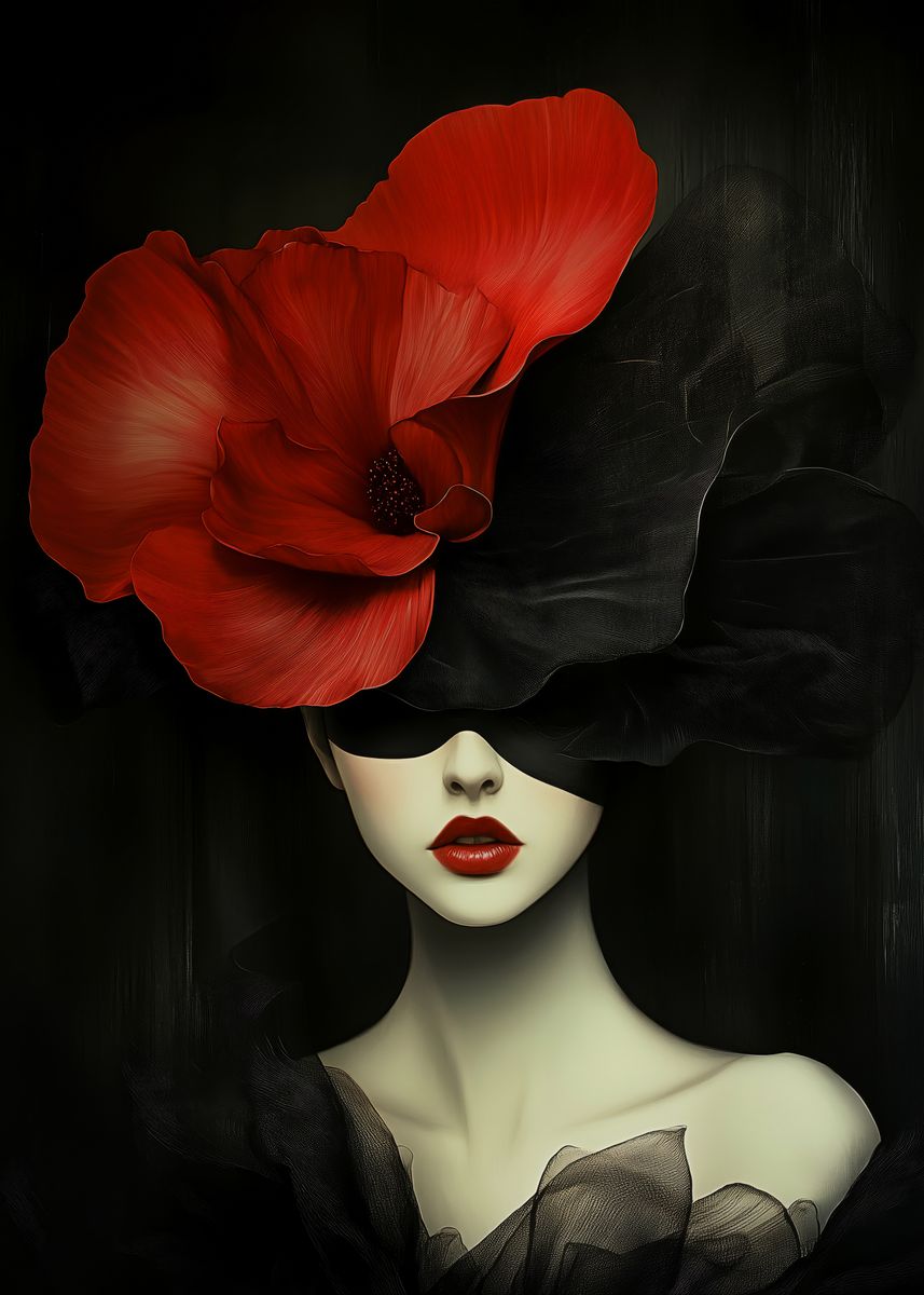 'Fashion Woman with Red Flower Hat' Poster, picture, metal print, paint ...