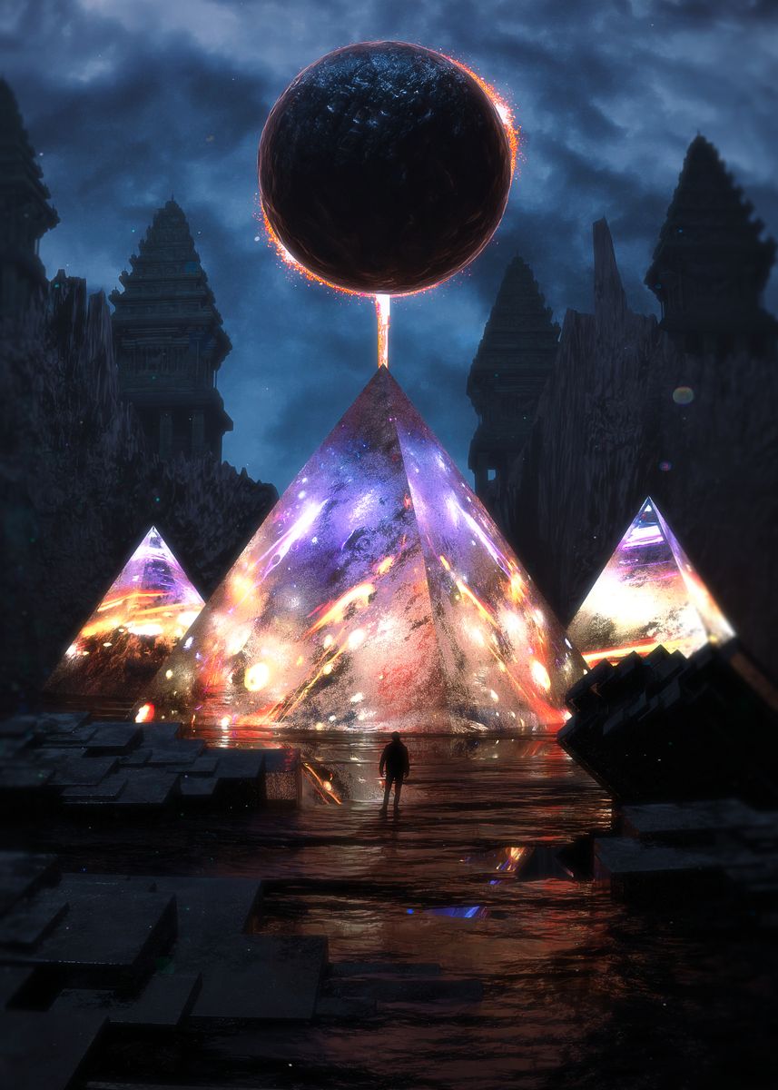 'Cosmic Pyramids' Poster, picture, metal print, paint by Amir | Displate