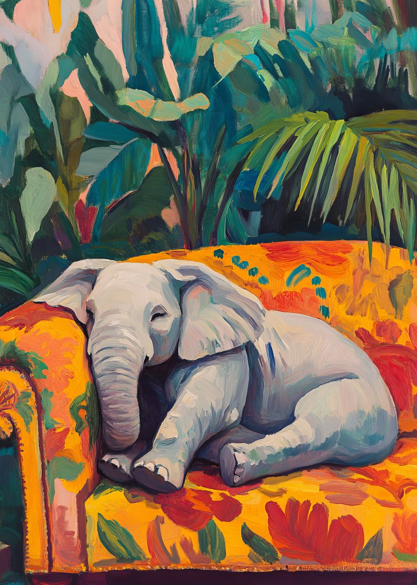 'Elephant Napping on a Couch' Poster, picture, metal print, paint by ...