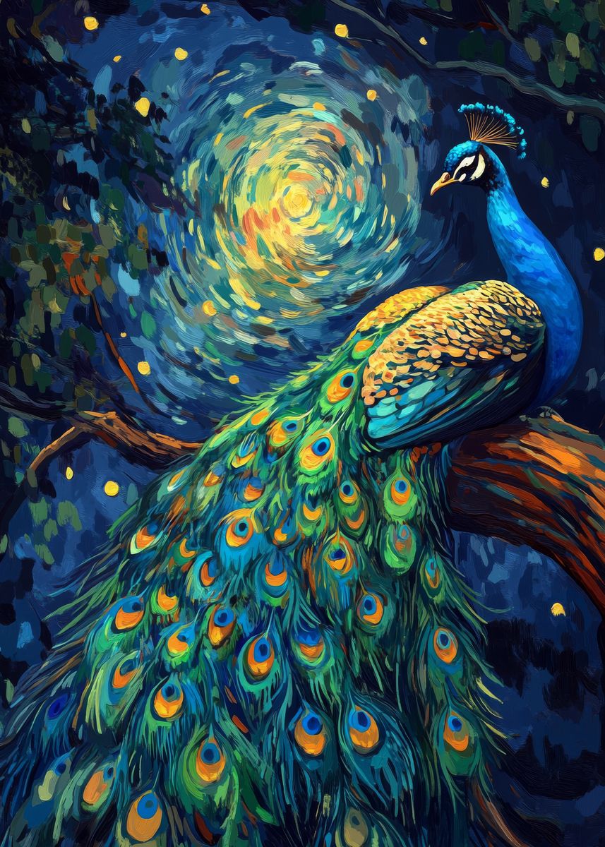 'Peacock Under Starry Night' Poster, picture, metal print, paint by ...