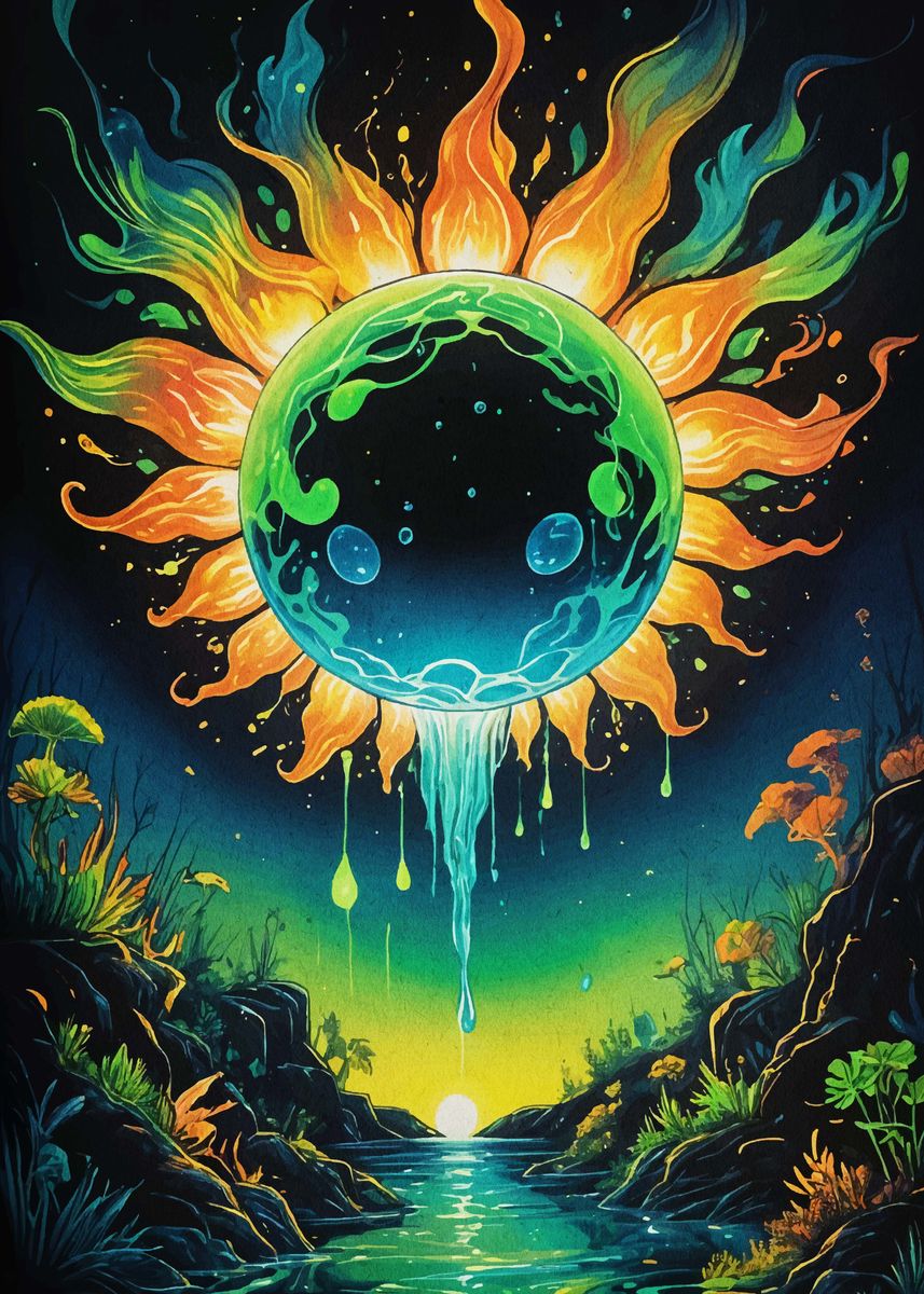 'Watery Sunburst Landscape' Poster, picture, metal print, paint by ...