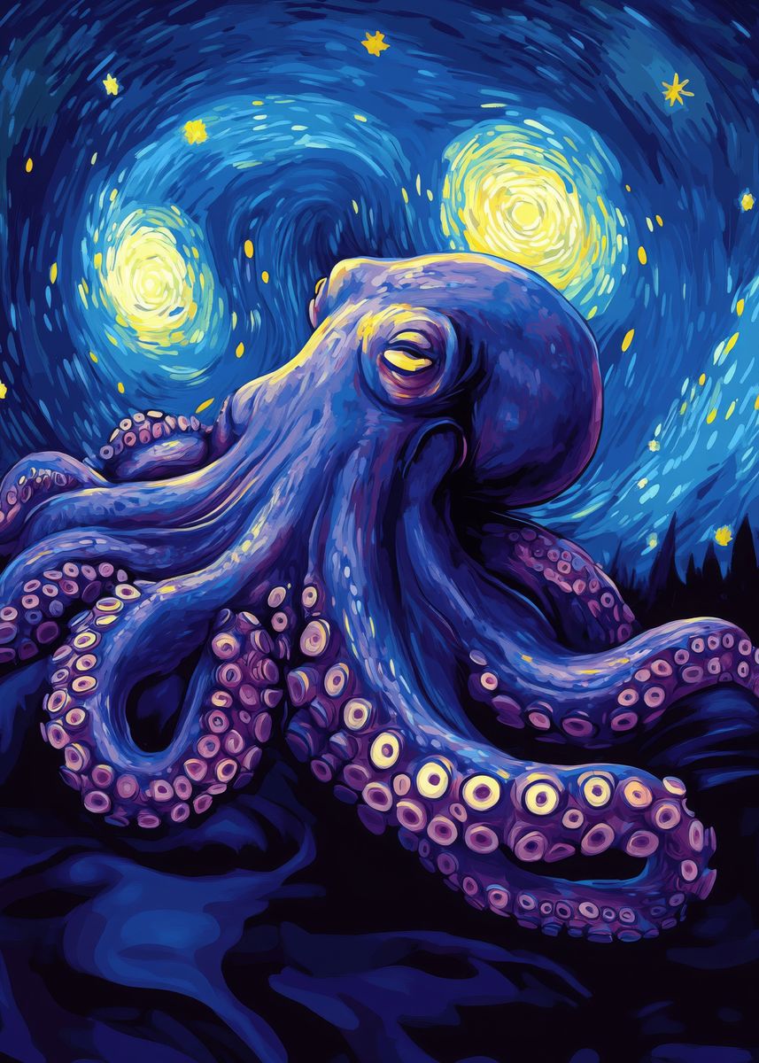 'Octopus Starry Night' Poster, picture, metal print, paint by Mason ...