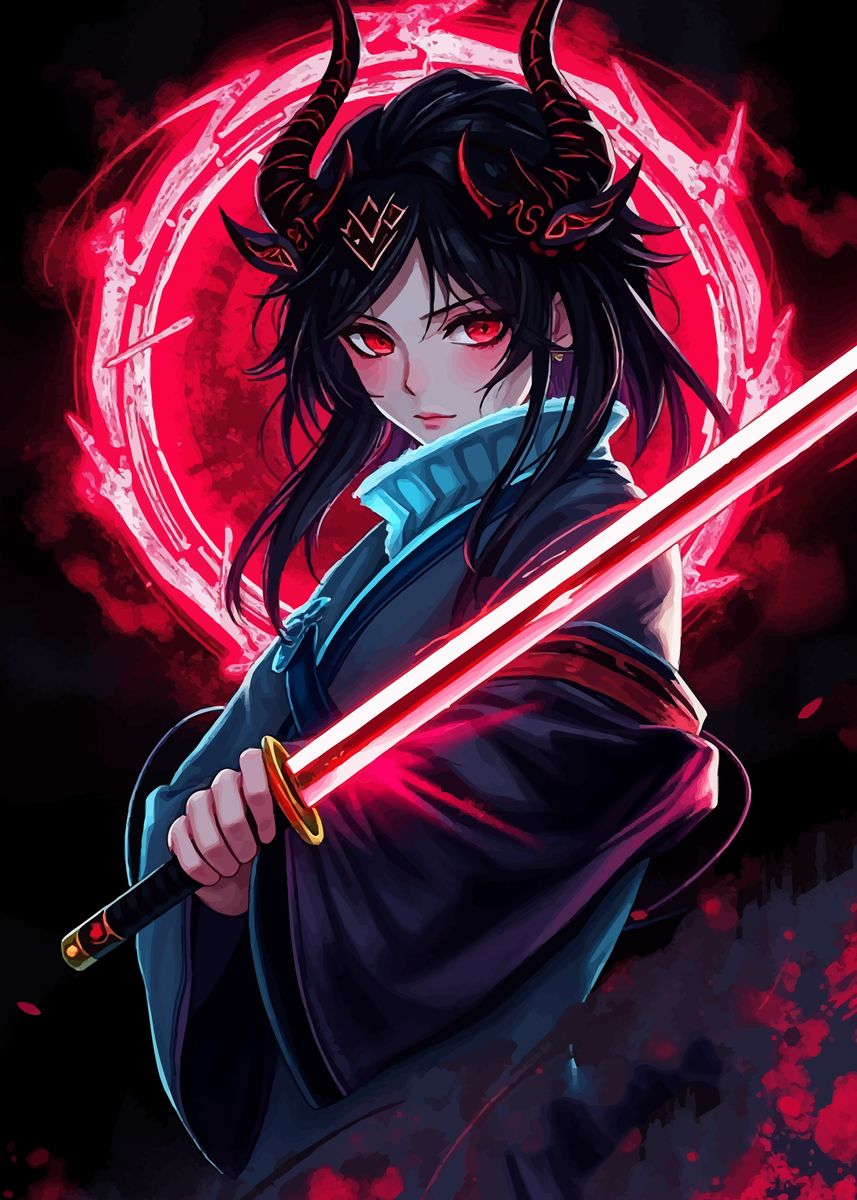 'Red-Eyed Demon Girl with Sword' Poster, picture, metal print, paint by ...