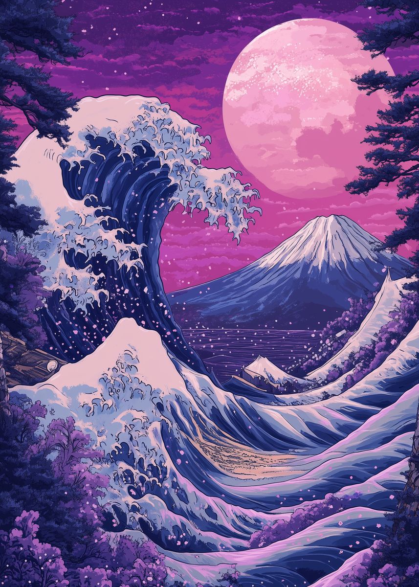 'Great Wave, Pink Sky' Poster, picture, metal print, paint by hadi ...