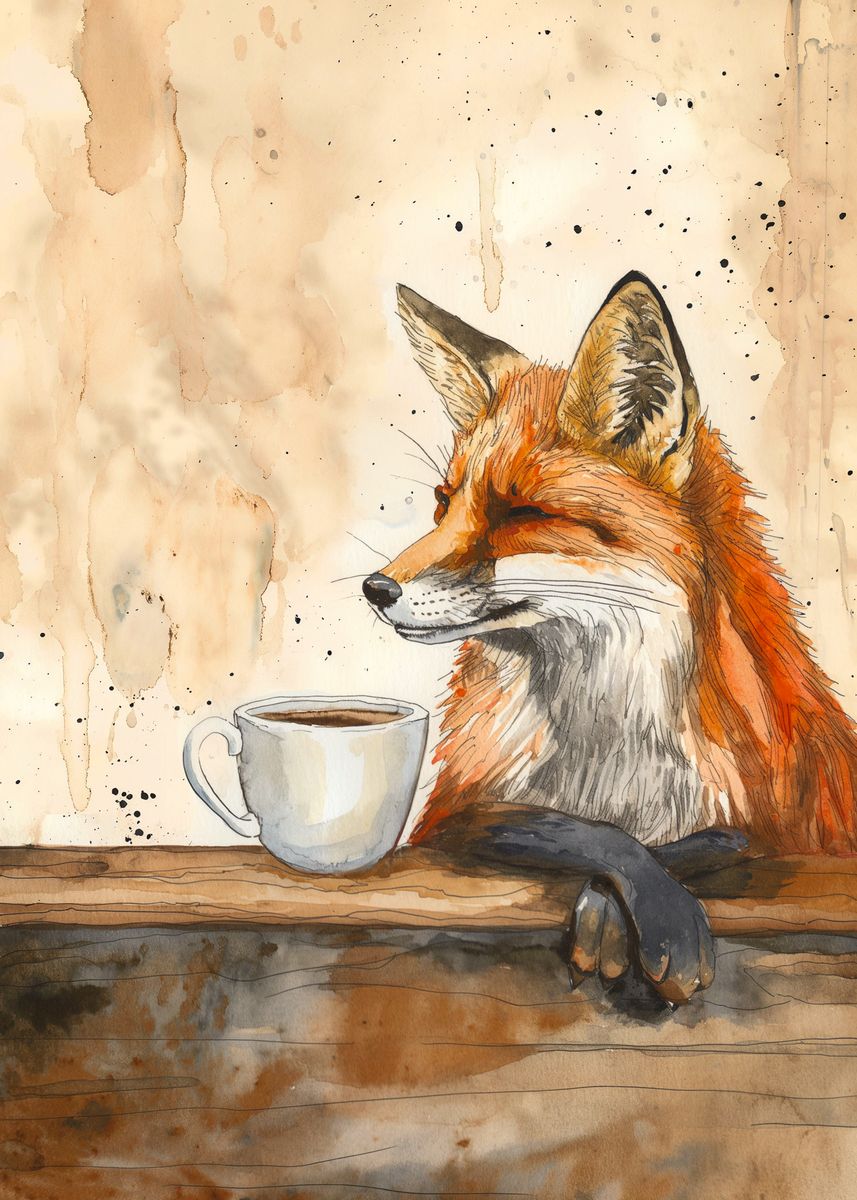 'Fox with Coffee' Poster, picture, metal print, paint by ...