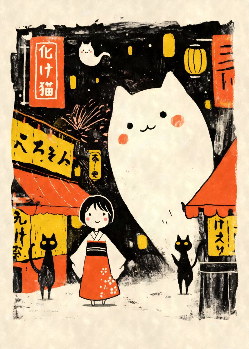 'Bakeneko Cat Ghost Yokai' Poster, picture, metal print, paint by ...