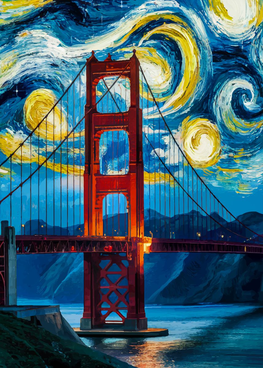 'Golden Gate Bridge Starry Night' Poster, picture, metal print, paint ...