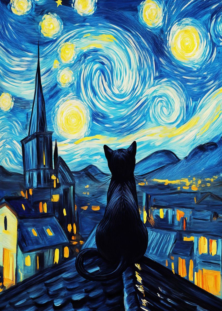 'Starry Night Cat Landscape' Poster, picture, metal print, paint by ...