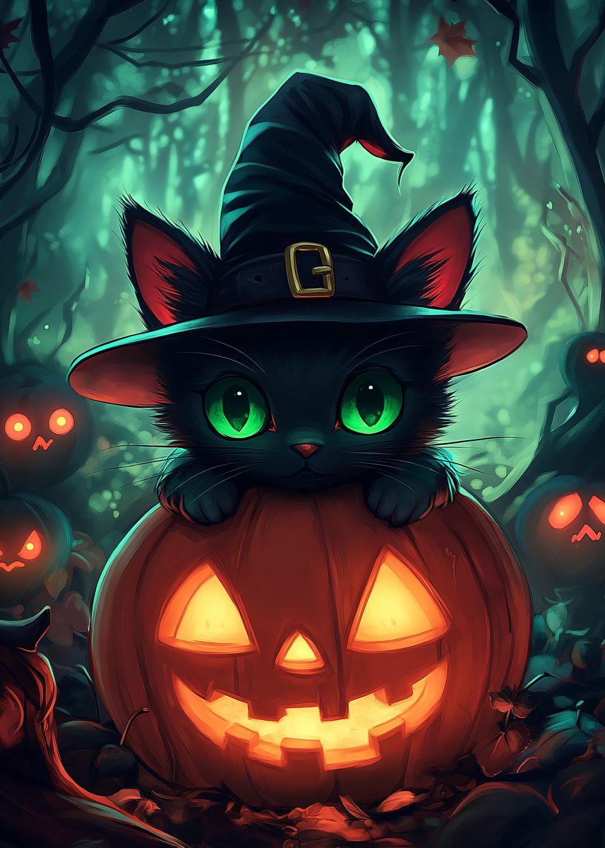 'Halloween Witch Cat' Poster, picture, metal print, paint by | Displate
