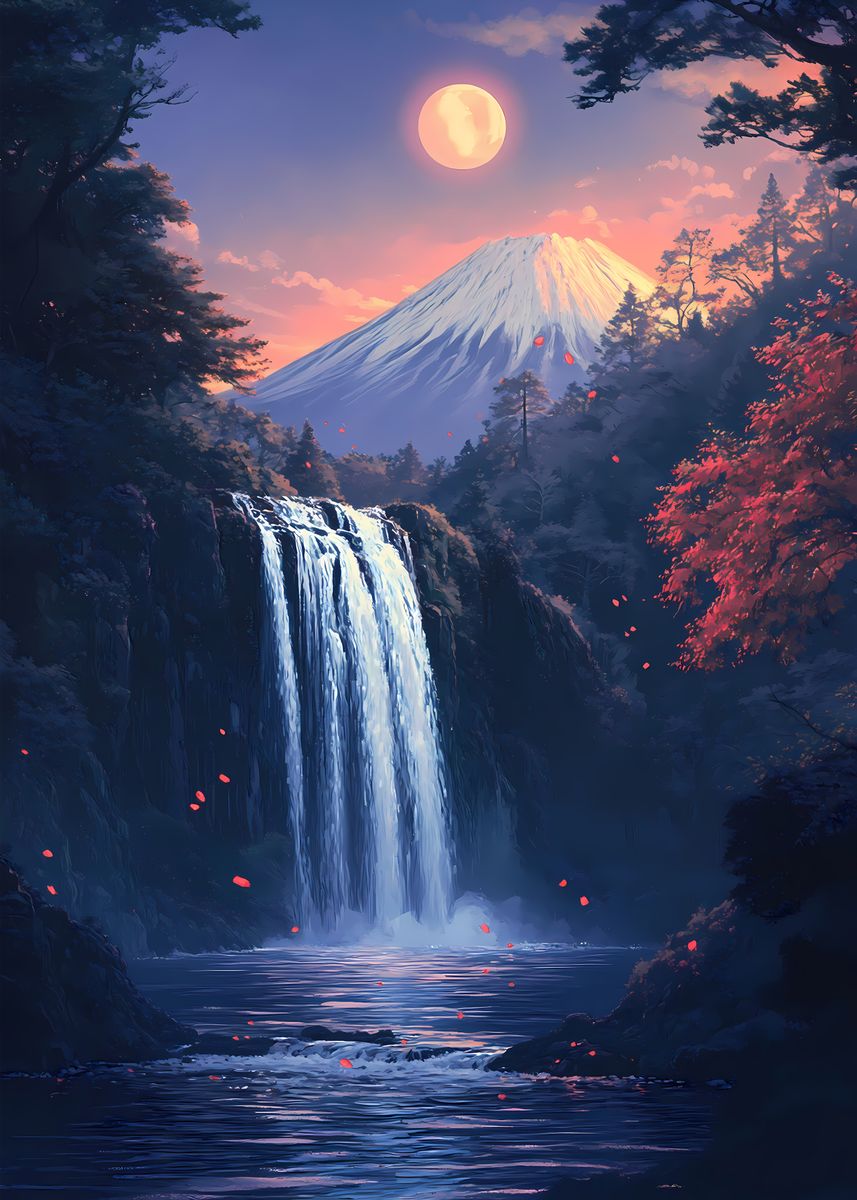 'Mount Fuji Waterfall' Poster, picture, metal print, paint by Jay ...